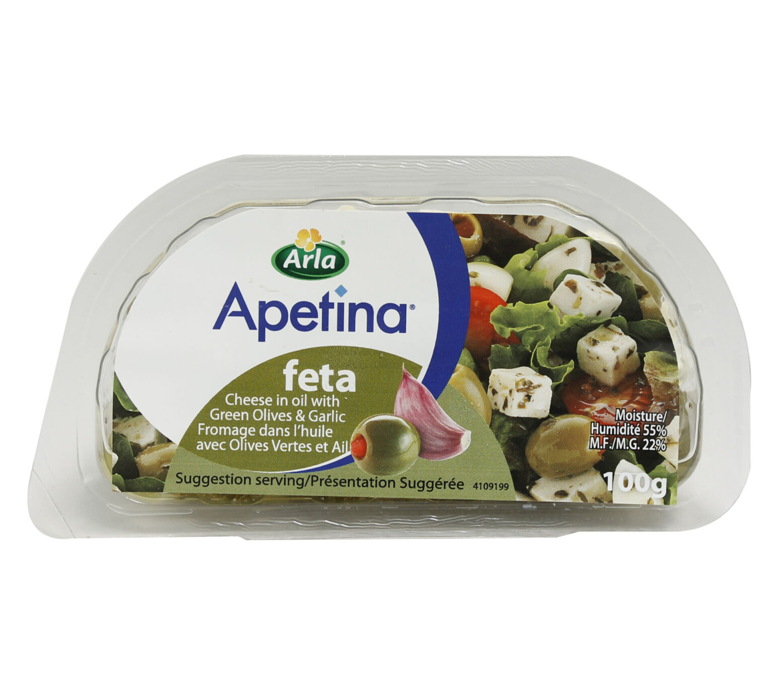 Fromage feta dans l’huile avec olives vertes et ail Arla 100 g ...