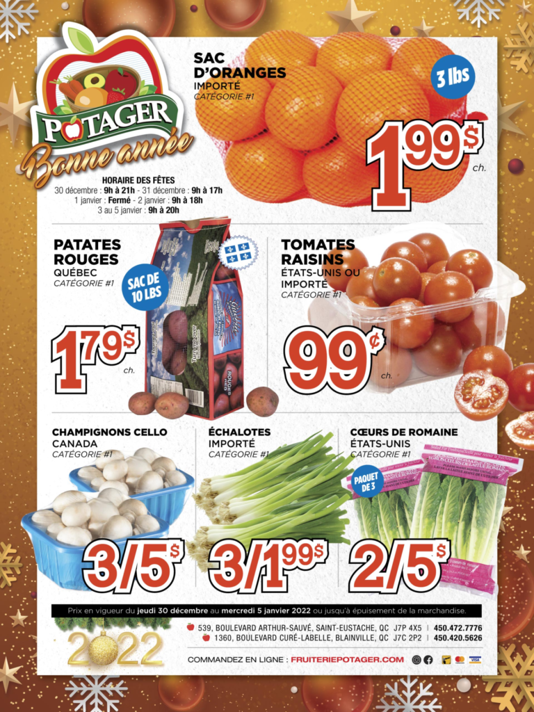 du jeudi 30 décembre au mercredi 5 janvier 2022 - Fruiterie Potager